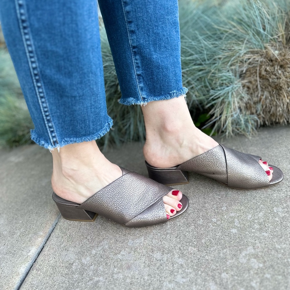 Vince Metallic Heeled Slides Mules Block Leather Peep… - Gem